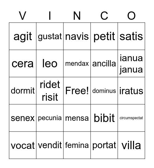 Latin I Final 2024 Target Vocabulary Bingo Card