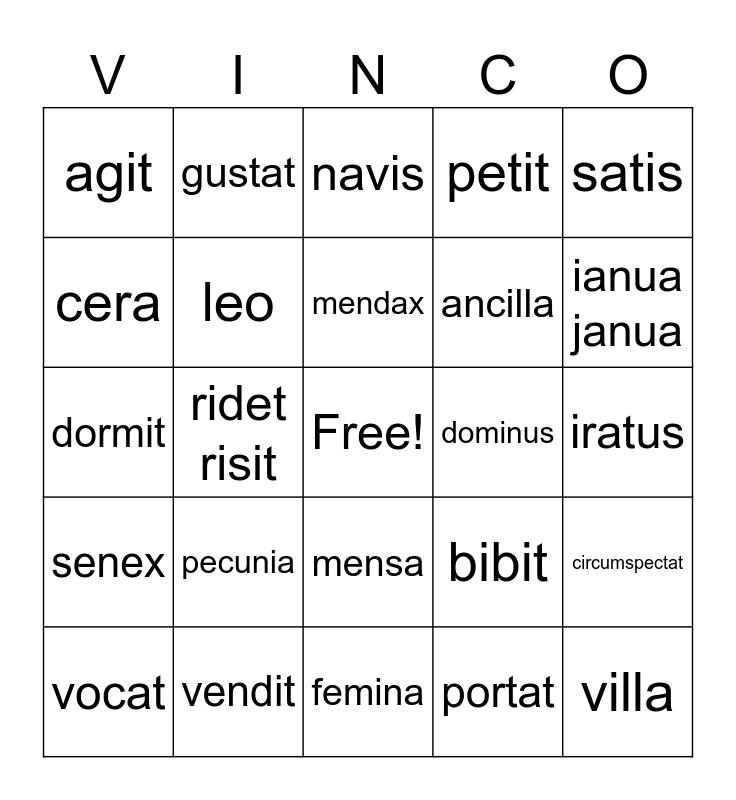 Latin I Final 2024 Target Vocabulary Bingo Card