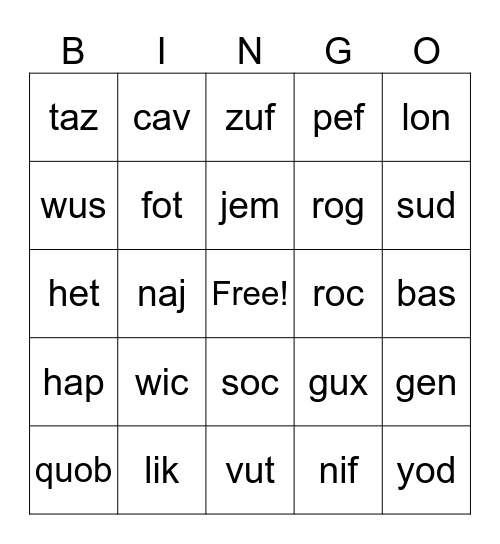 Nonsense words Bingo Card