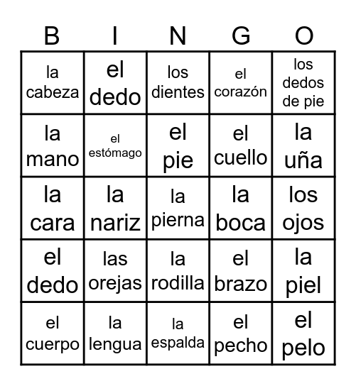 Las Partes del Cuerpo Bingo Card