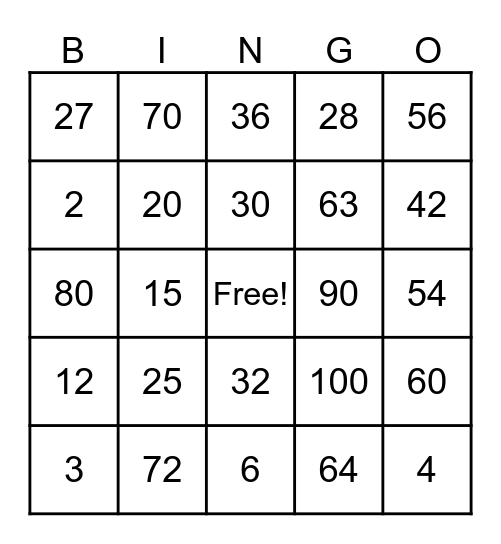 MULTIPLICAÇÃO Bingo Card