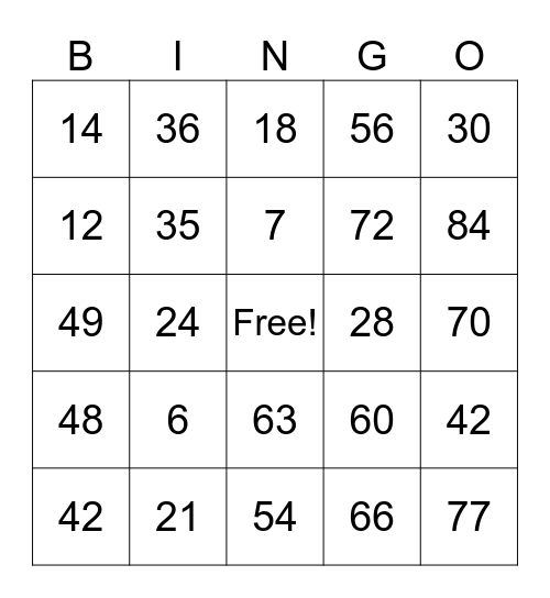 Multiplication 6s and 7s Bingo Card