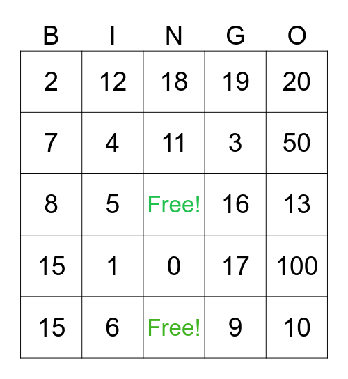 Number BINGO Card