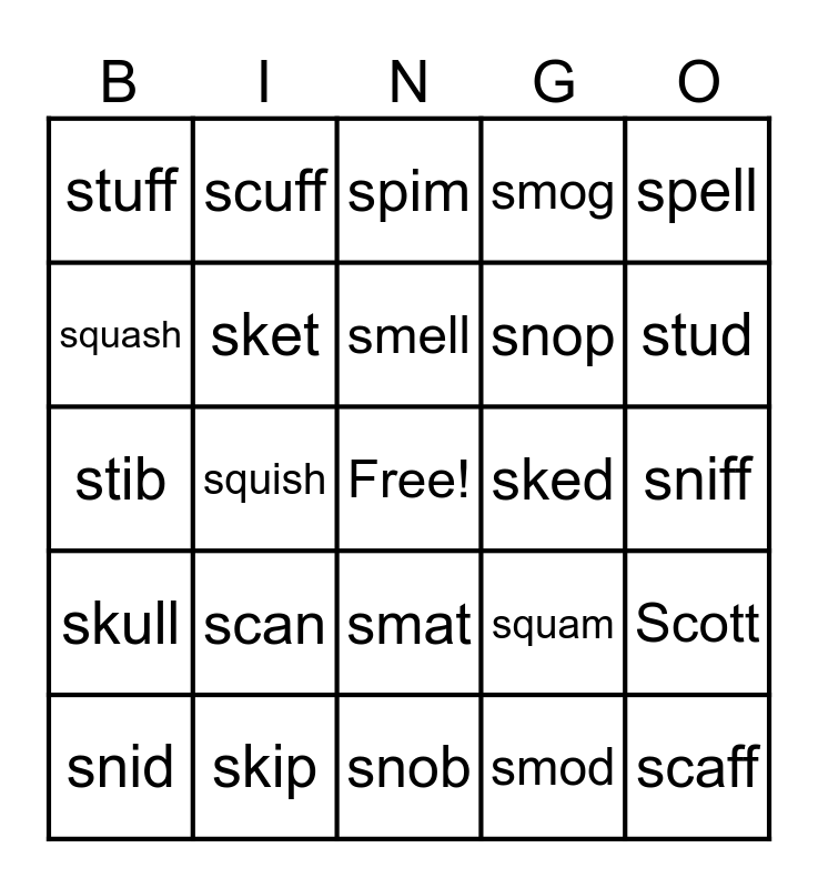 Beginning S blends Bingo Card