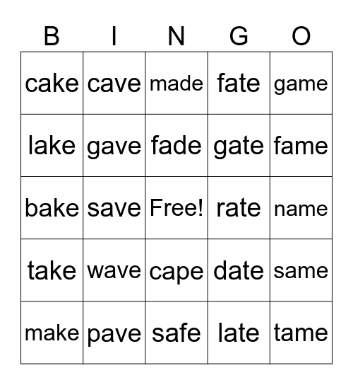 Magic E Bingo - Grade 1 Bingo Card