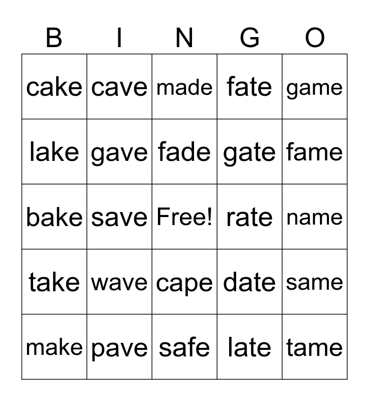 Magic E Bingo - Grade 1 Bingo Card