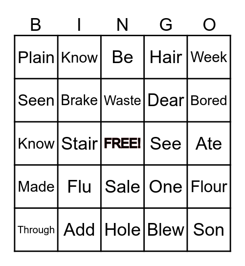 HOMOPHONE BINGO! Bingo Card