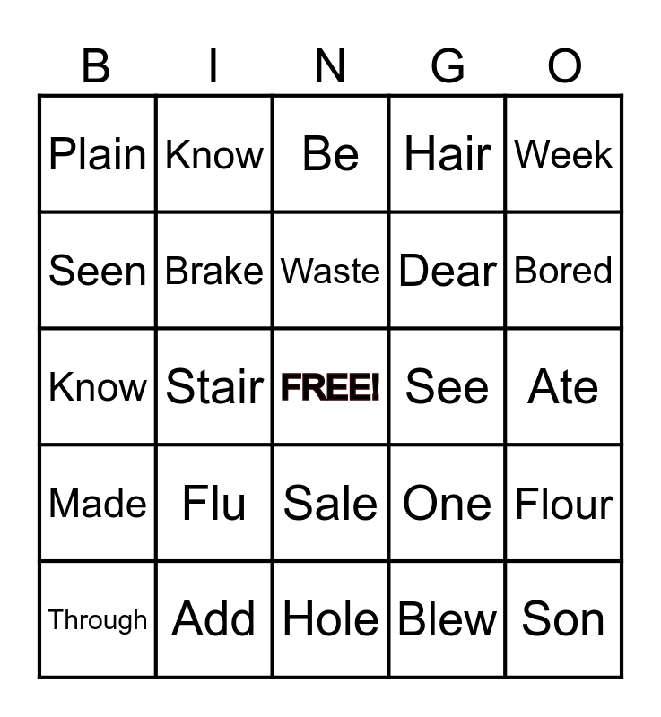 HOMOPHONE BINGO! Bingo Card