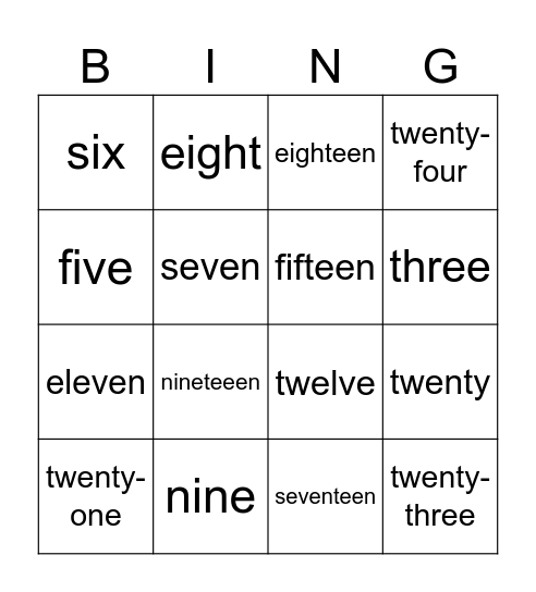 numbers Bingo Card
