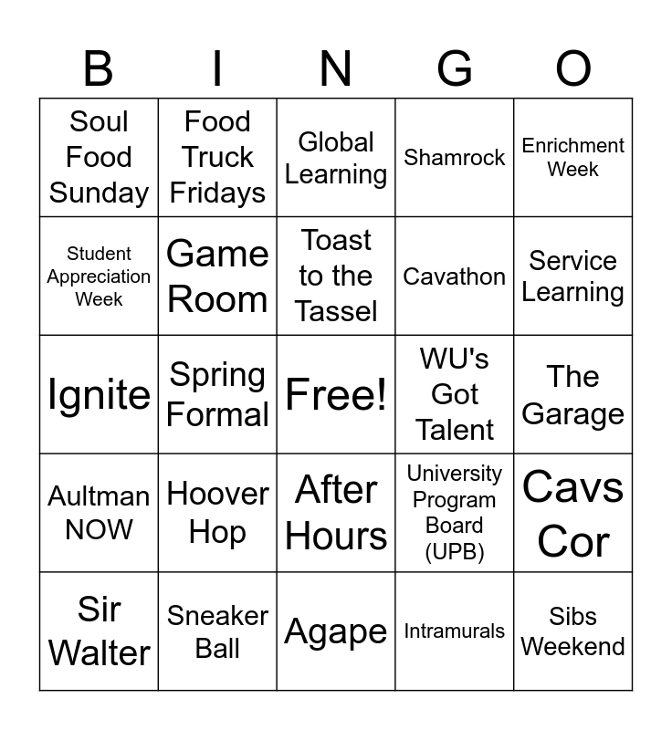 Cor Activity Bingo Card