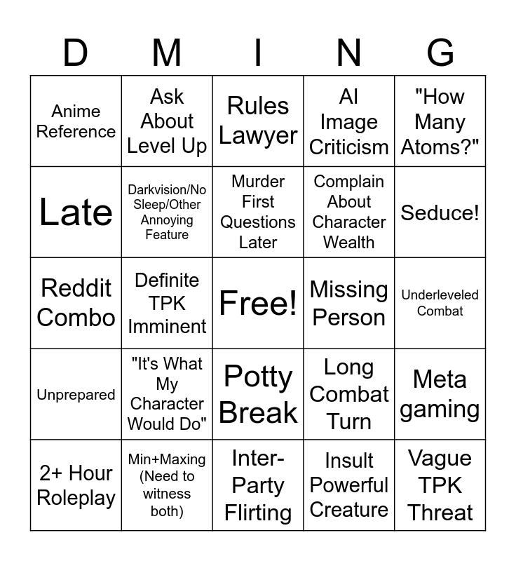 Dylan's DM Bingo card Bingo Card