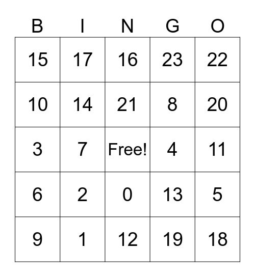 Numbers 0-23 Bingo Card