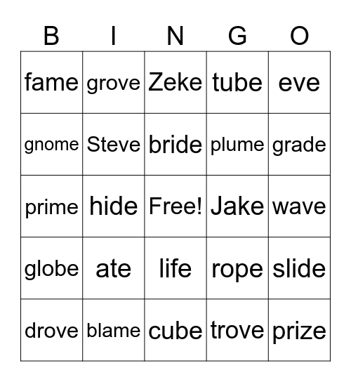 Silent-e Bingo Card