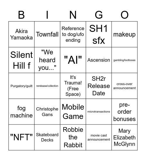 Silent Hill Transmission Bingo Card