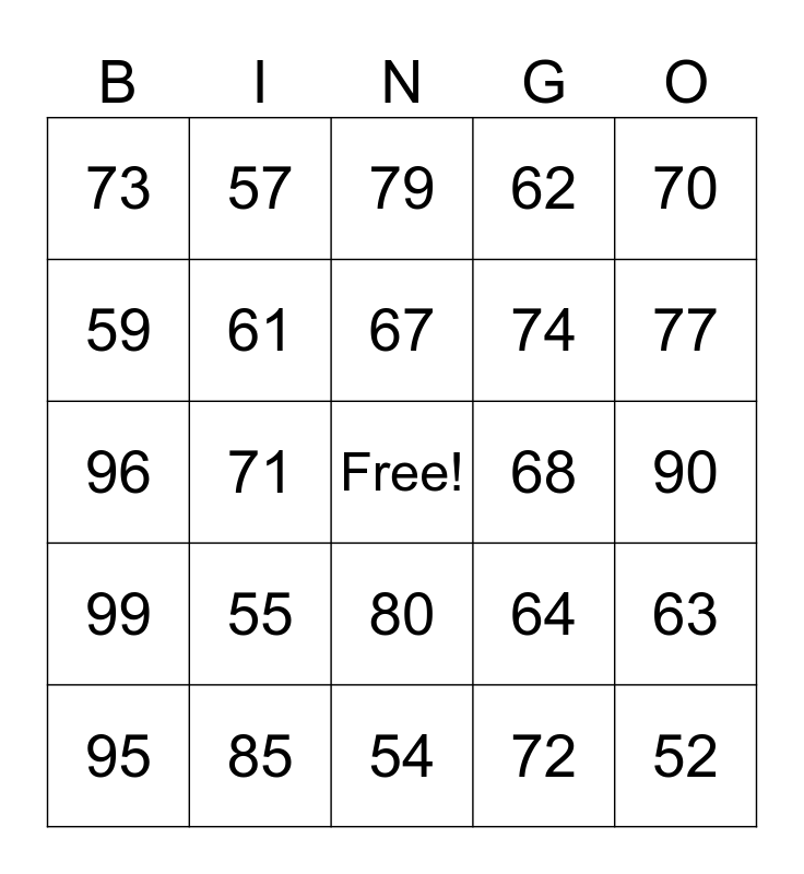 Numbers 51-100 Bingo Card