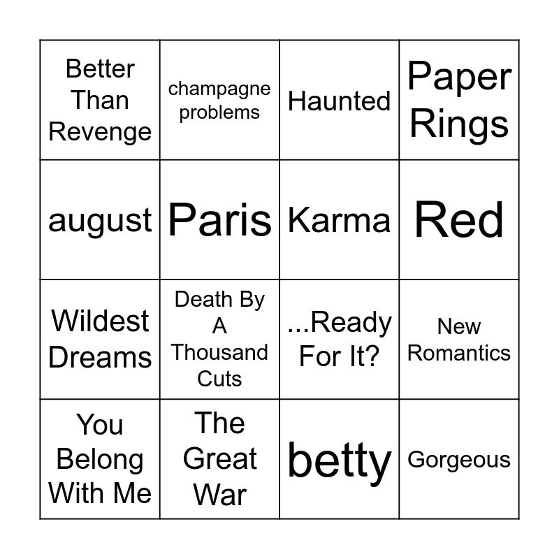 Round 1 (Taylor's Version) Bingo Card