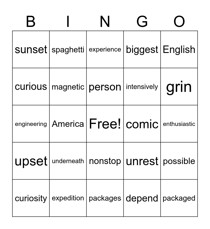 5th Grade Bingo Card