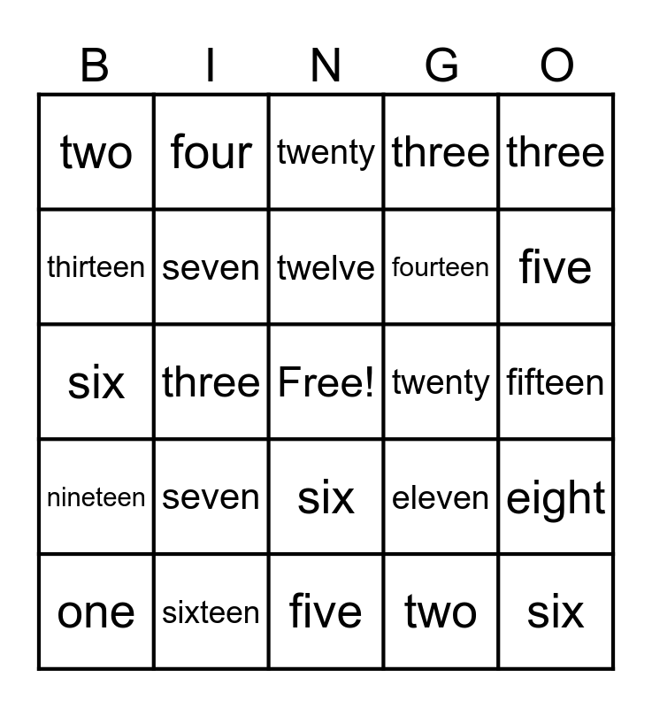 Number name Bingo Card