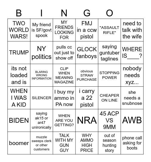 GUN SHOP BINGO Card