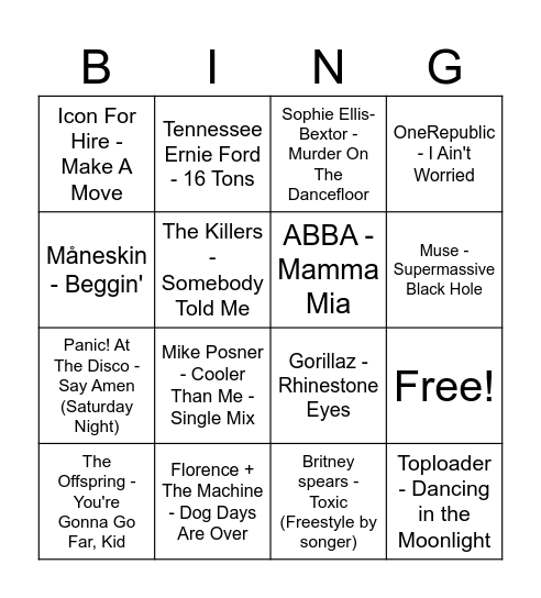 Music Bingo Card