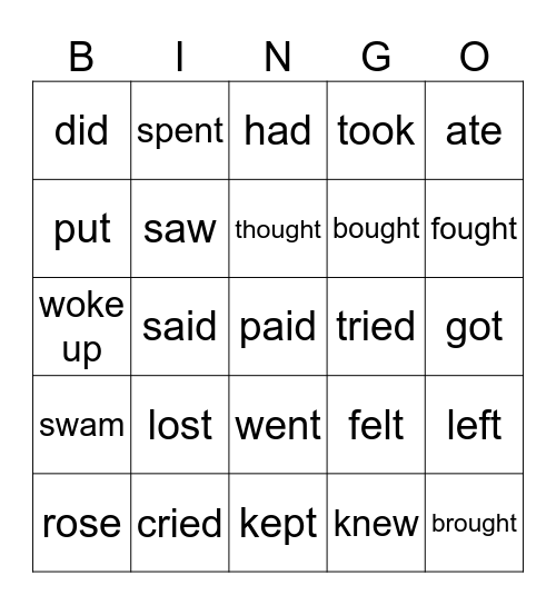 Past Simple Tense Bingo Card