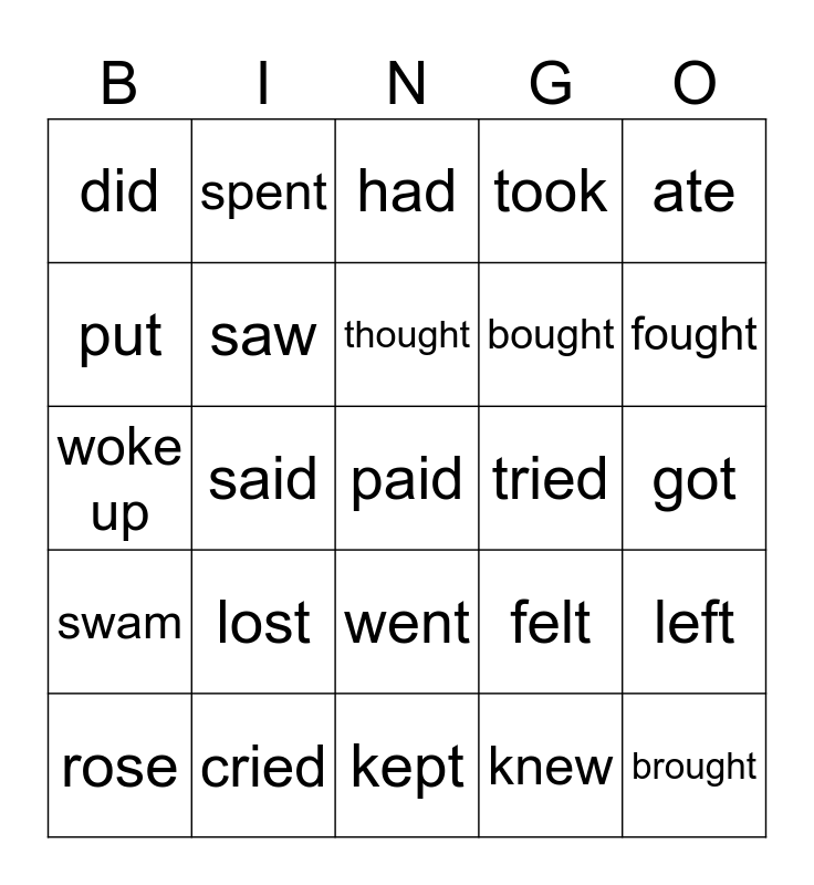 Past Simple Tense Bingo Card
