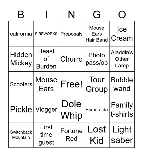Disneyland Park Bingo Card