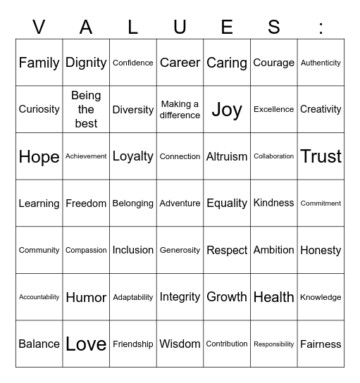 Personal Values Bingo Card