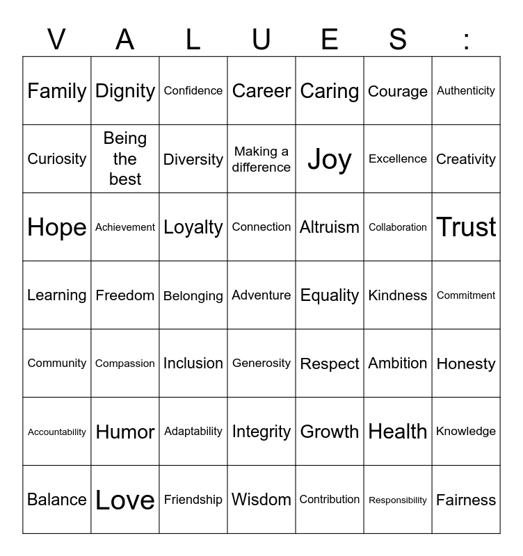 Personal Values Bingo Card