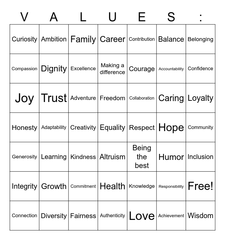 Personal Values Bingo Card