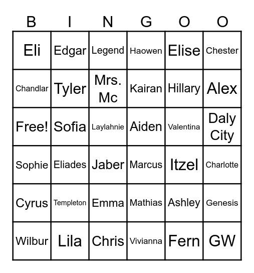 Our Names Bingo Card