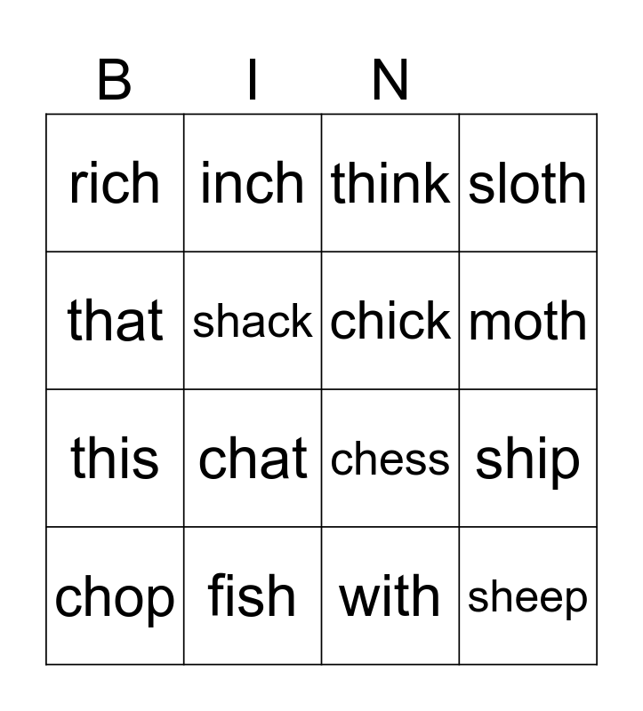 Digraphs - /sh/ /ch/ /th/ Bingo Card