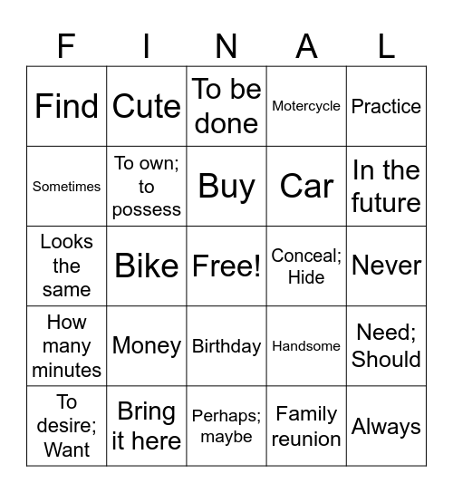 Final Exam Bingo Card
