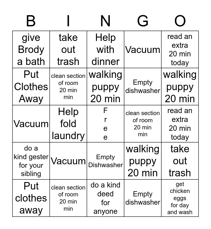 Chore Bingo Card