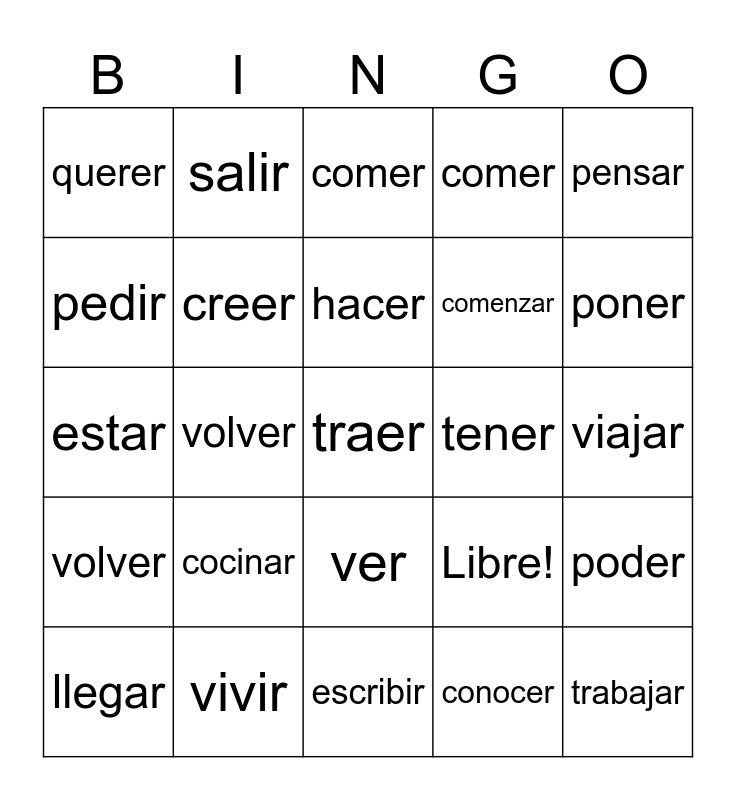 Verbos más usados II Bingo Card