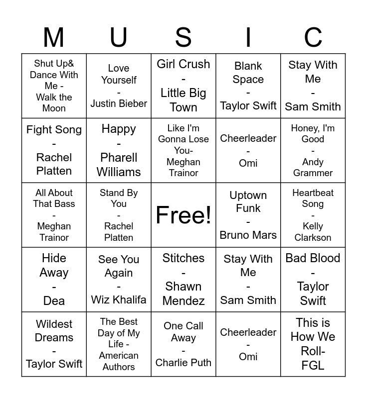 Pop Music Bingo Card
