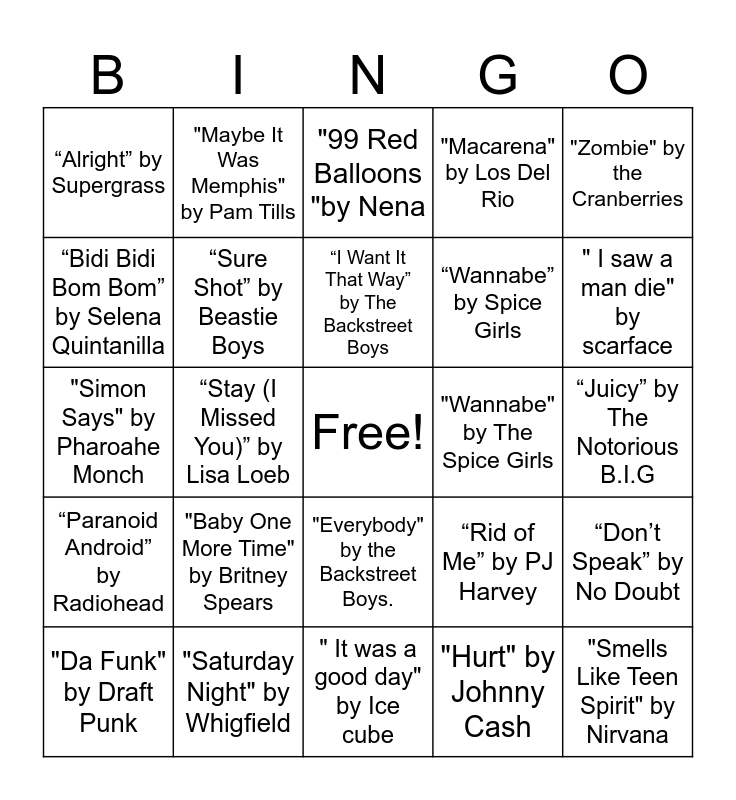 90s music Bingo Card