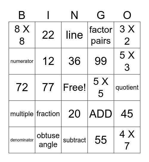 Mix & Match Math Bingo Card