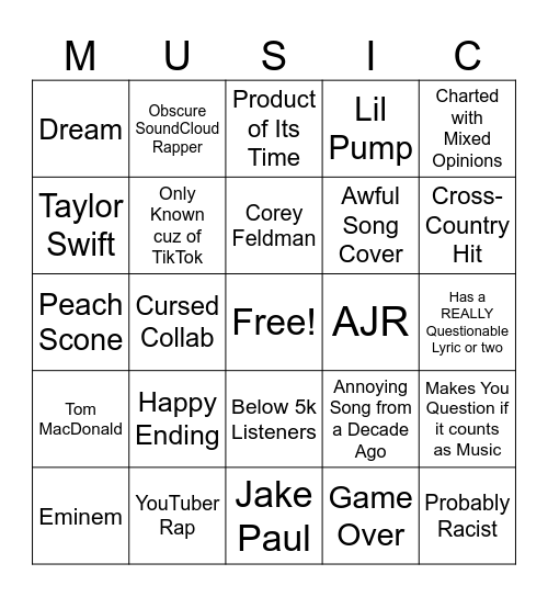 Bad Music Playlist Bingo Card