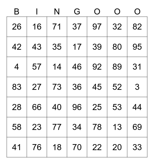 NUMBERS Bingo Card