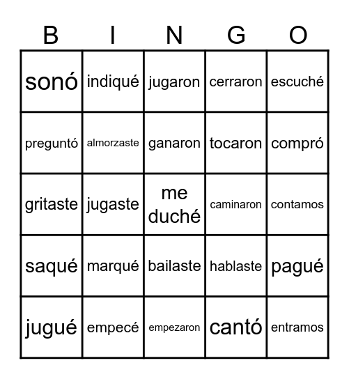 Preterite AR Verbs Bingo Card