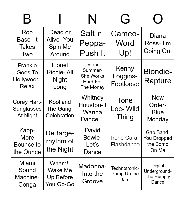 Radio Bingo 80's Nightclub Bangers Bingo Card