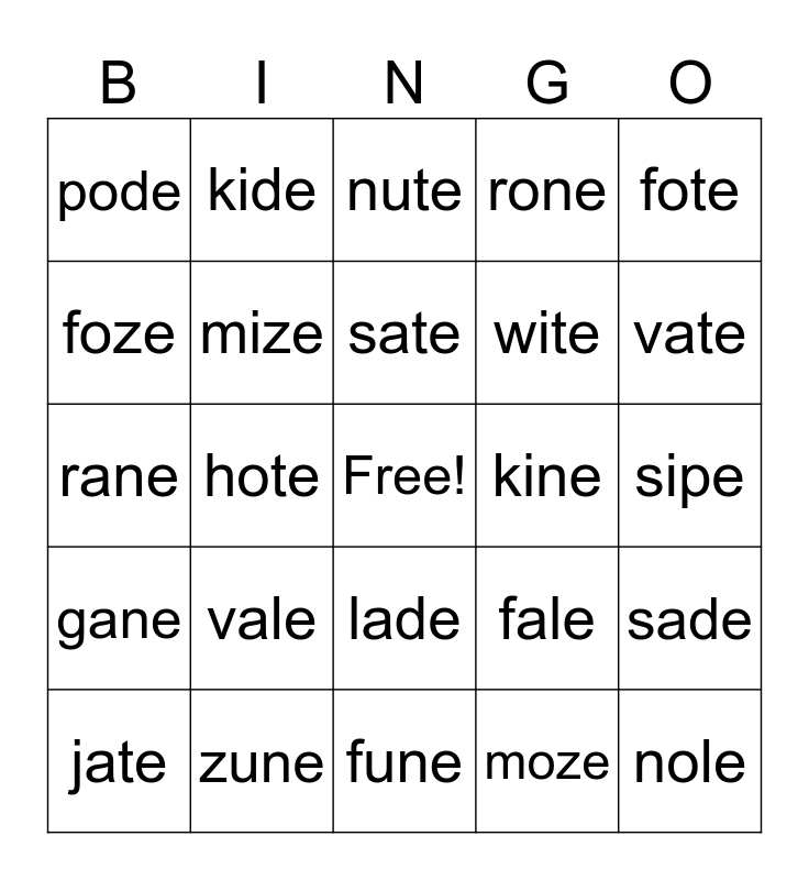 Silent e Nonsense Words Bingo Card