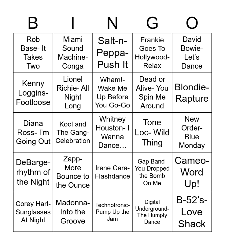 Radio Bingo 80's Nightclub Bangers Bingo Card