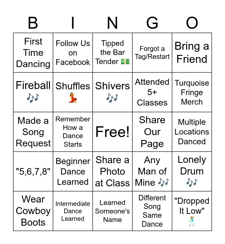 Turquoise Fringe Line Dancing Bingo Card