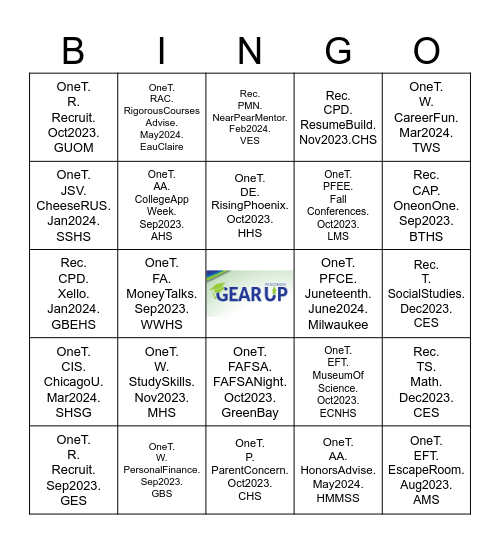 GEAR UP Bingo Card