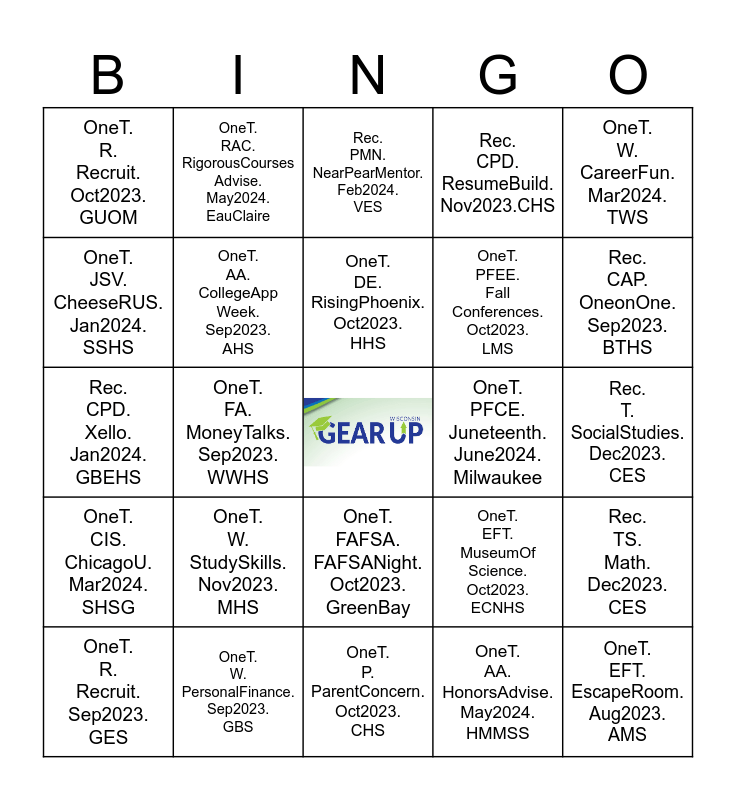 GEAR UP Bingo Card