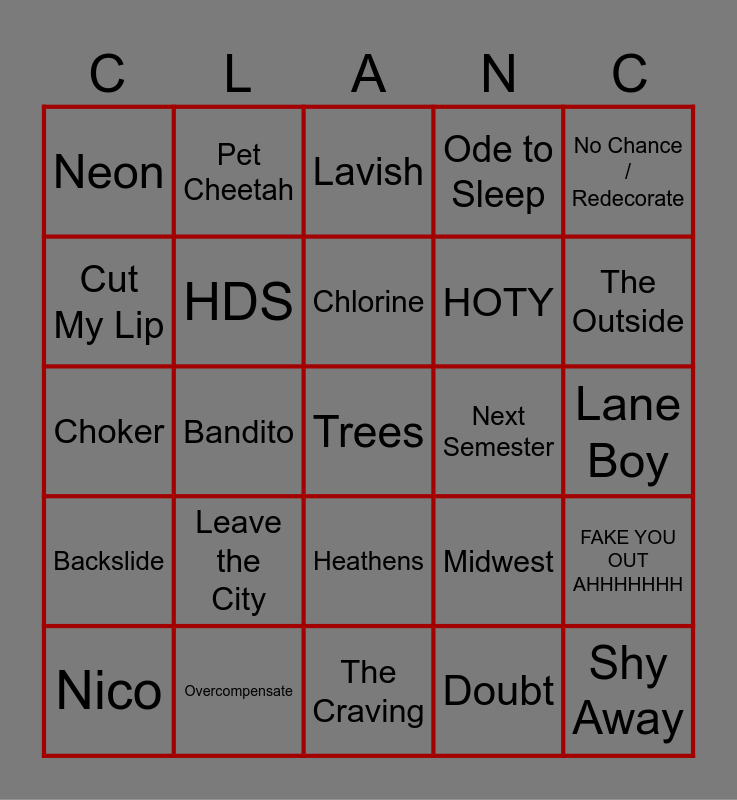 Clancy Tour setlist Bingo Card