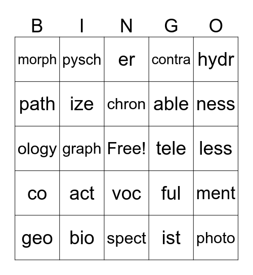Roots and Affixes Bingo Card