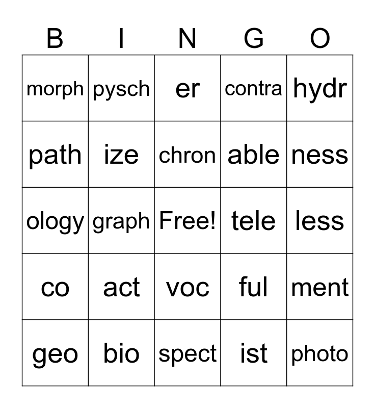 Roots and Affixes Bingo Card